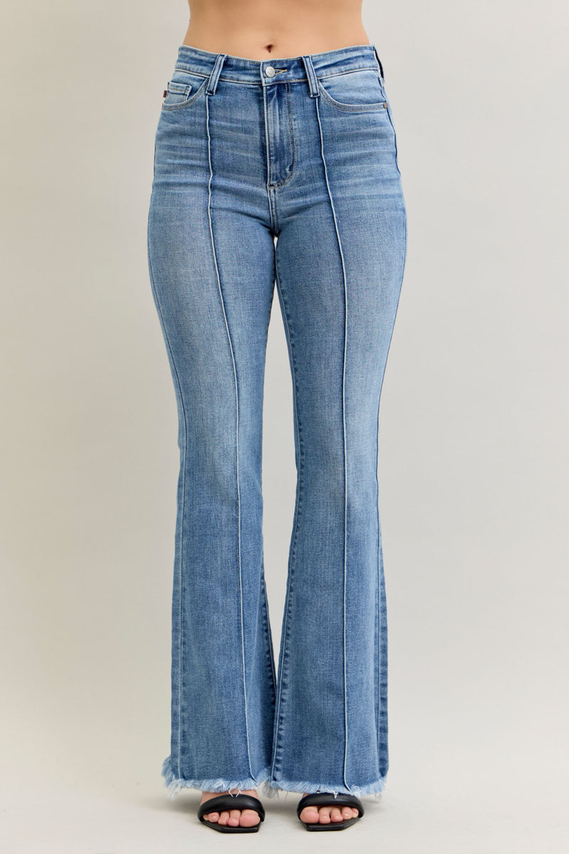 JUDY BLUE HIGH WAIST FLARE FRONT PINTUCK & FRAY HEM JEANS - MEDIUM STO – The Chandelier Rose ...